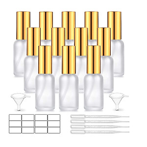 12 Pack 1.7 Oz Frosted Glass Spray Bottles with Fine Mist Atomizer &Golden Pump Cap,Empty Travel Size Perfume Liquid Containers for Essential Oils-Stickers,Pipette&Funnel included (Pack of 12)