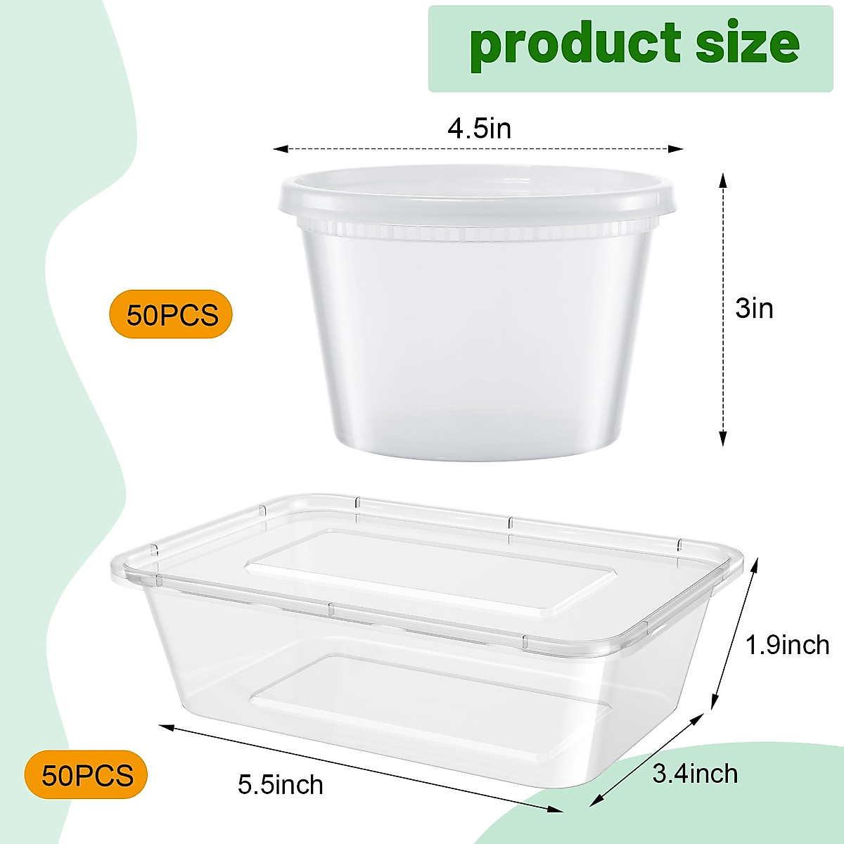 Lallisa 100 Pack Plastic Clear Food Storage Containers with Lids 16 oz Round Plastic Deli Containers 26 oz Rectangle Disposable Meal Prep Containers for Microwave Freezer Dishwasher
