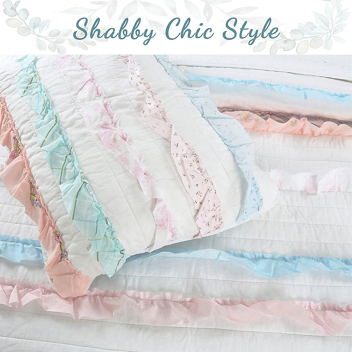 Cozy Line Home Fashions Light Pink Blue Coral White Ruffle 100% Cotton Reversible Girl Quilt Bedding Set, Reversible Coverlet Bedspread (Shabby Chic, Queen - 3 Piece)