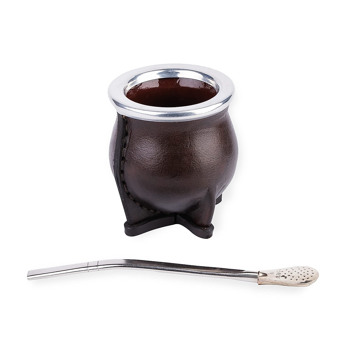 thebmate [Camionero Mate Premium Set Yerba Mate Cup - Crafted Ceramic Teacup - Leather Wrapped Handmade in Uruguay - Set Mate Camionero, German Silver Bombilla Straw, Cleaning Brush (Dark Brown)