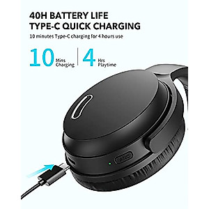 HROEENOI Wireless Bluetooth Active Noise Cancelling Deep Bass Over Ear Headphones with CVC 8.0 Microphone, Wireless Gaming Headset for Pc, 40 Hours Playtime for Travel Work Phone- Black