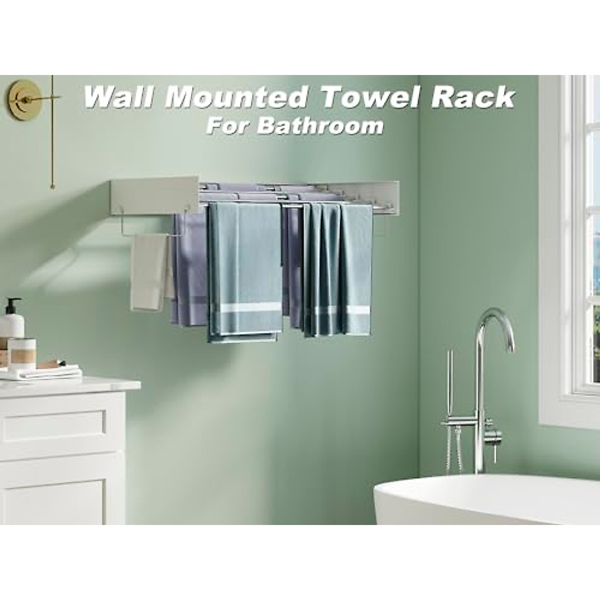 SKIKEN Wall Mounted Hidden Drying Rack for Laundry Room, Wall Compact Clothes Drying Rack, Space Saving Master, Collapsible and Pull-Out, 5 Stainless Steel Rods, 2 Towel Handles (Medium-32, White)