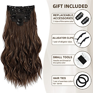 Clip in Hair Extensions, 6 PCS Light Brown Extensions, Wavy Hair Extensions, Natural & Soft Hair & Blends Well Hair Extensions, Chocolate Brown Long Wavy Hairpieces(20inch, 6pcs, Chocolate Brown)