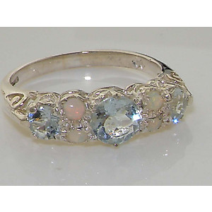 LetsBuyGold 925 Sterling Silver Natural Aquamarine and Opal Womens Band Ring - Sizes 4 to 12 Available