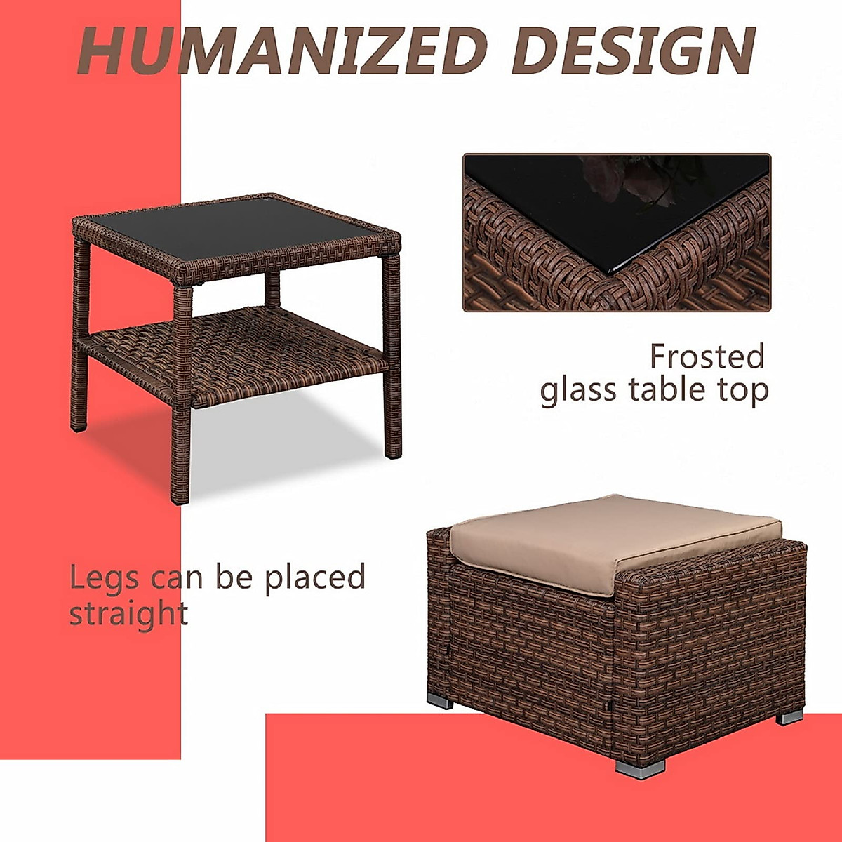 fuhan 5 PCS Outdoor Lounge Chair Chat Conversation Set - All-Weather PE Wicker Cushioned Patio Chairs Set of 2 with OttomansPillows & Double-Layer End Table, Brown, 74 x 67 x 76 cm