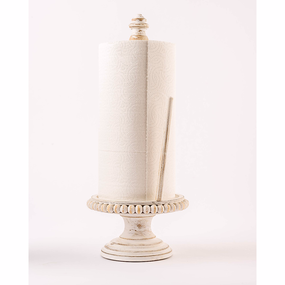 Mud Pie 47100002 Farmhouse Washed Beaded Wood Pedestal Paper Towel Holder, 16" x 6" Dia, White, Grey