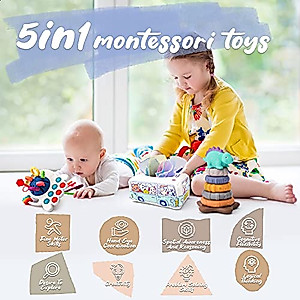 5 in 1 Baby Montessori Toys Set Include Shape Sorter Bin with Sound, Baby Tissue Box, Stacking Cups, Pull String Toy, Soft Stacking Rings, Sensory Toys for Infants Toddlers