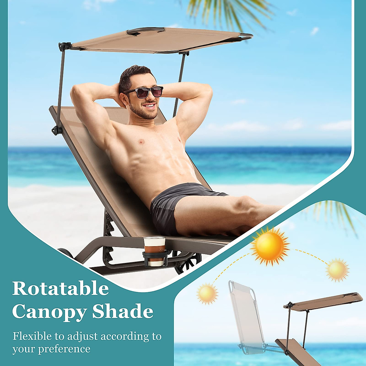 HAPPYGRILL Chaise Lounge with Wheels & Adjustable Canopy Shade, Outdoor Mobile Tanning Chair with Cup Holder, Recliner Chair for Patio Poolside Lawn Beach