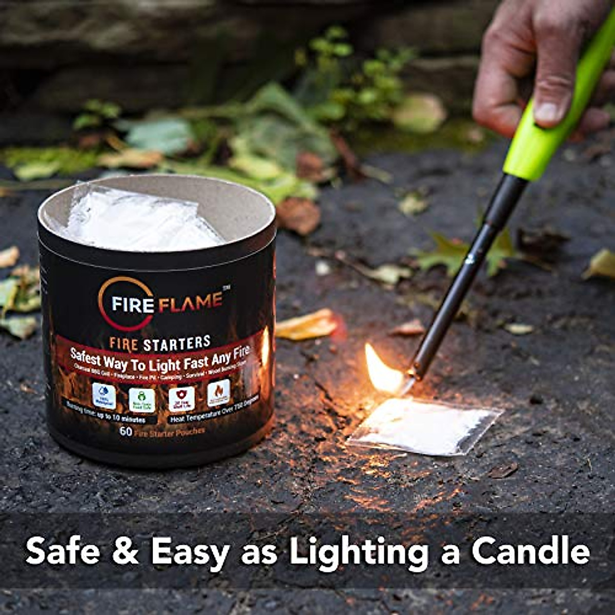 Fireflame Quick Instant Fire Starter - 100% Waterproof All-Purpose Indoor & Outdoor Firestarter, for Charcoal Starter, Campfire, Fireplace, BBQ - Odorless and Non-Toxic - 60 Pouches in Canister