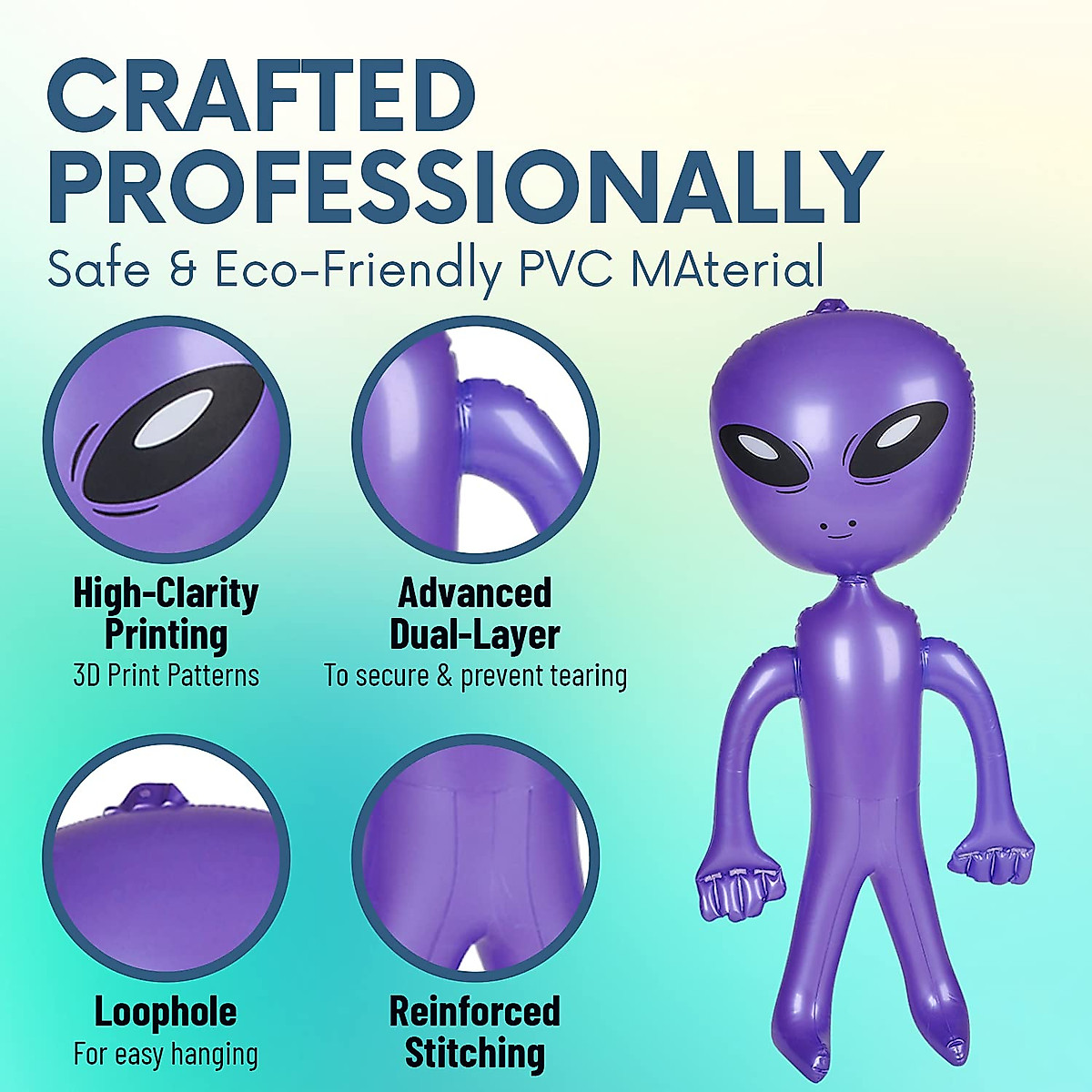 Vlish 3 Inflatable Alien - Pack of 3 Jumbo - Green, Purple and Blue Inflate Martian Aliens Toy for All Ages, Great for Halloween Party Decorations and Birthday, Area 51-32" x 12"