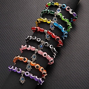 Lucky Evil Eye Bracelets Set Colorful Turkish Amulet Hamsa Evil Eye Beaded Charm Stretch Elastic Bracelet for Women Men-Pink