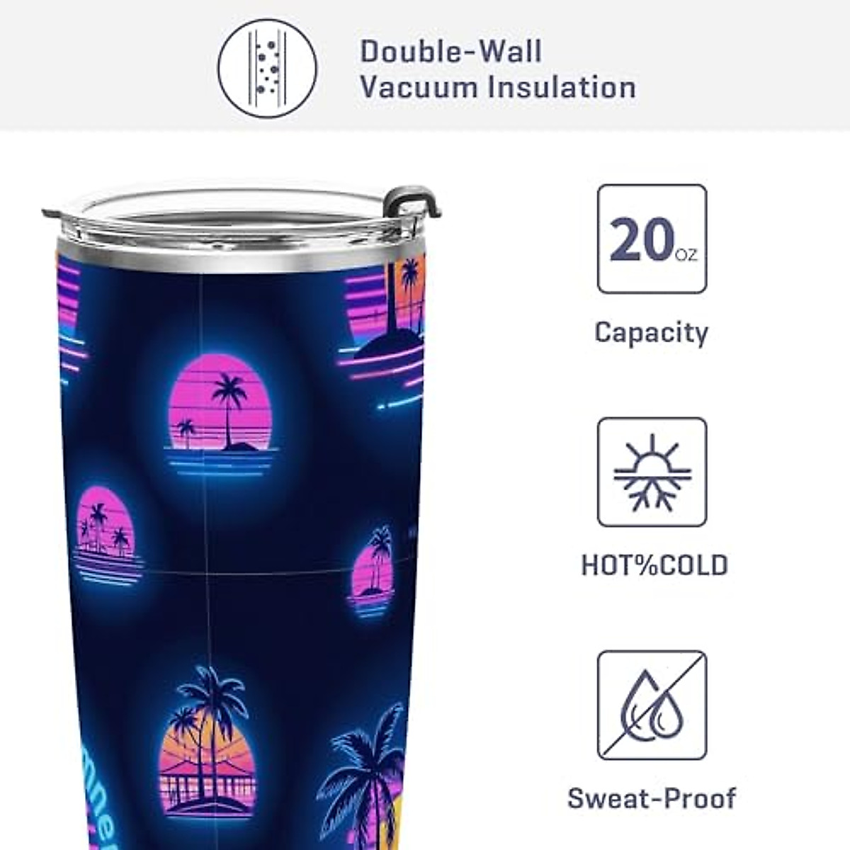 sanluoli Summer Neon Coconut Tree Sunset Stainless Steel cup with straw with Straw Lid coffee mug insulated for camping modern vacuum insulated tumbler with lid 20 OZ