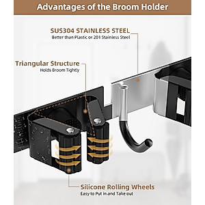 PrimZooty Broom Holder Over The Door - 304 Stainless Steel Mop and Broom Holder Wall Mounted or Hanging Over The Door with Hooks - Broom Hanger, Broom Storage Tool Organizer for Garage Closet Laundry