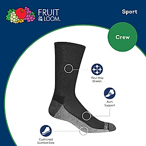 Fruit of the Loom mens Essential 6 Pair Pack With Cushion and Arch Support Casual Sock, Black, 6.5-12 shoe size and 10-13 socks size