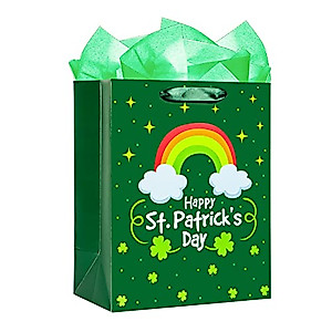 Hohomark St Patrick's Day Gift Bags 13" Large Irish Shamrock Bag with Tissue Paper Green Clover Gift Wrapping Bag Kids Classroom Party Favor Supplies