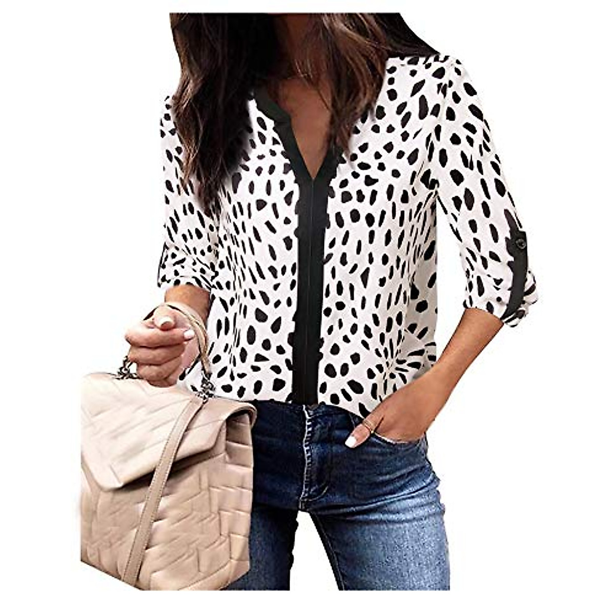 Gaharu Long Sleeve Blouses Women's Fall Tunic Tops Home Wear Henley V Neck Cuffed Sleeve Contrast Color Leopard Shirts for Jeans White Leopard,XX-Large