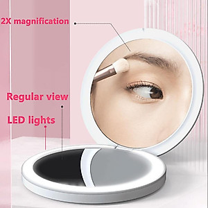 CigyYogy Small LED Compact Makeup Mirror Round Handheld Foldable - Magnifying Lighted Pocket Mirrors Double Sided with 1x/2x Magnification - Ideal Gift for Women Girls -White - 1 Pack