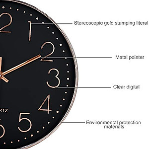 JINMA 12 Inch Modern Wall Clock Silent Non Ticking Easy to Read Decorative Wall Clocks for Living Room Decor Home Office Kitche (Black Rose Gold)
