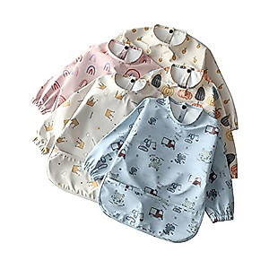 NEHET Waterproof Baby Bibs,Infant Toddler Long Sleeve Feeding Bib With Food Catcher Super Soft Wipe Clean