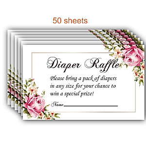 Diaper Raffle Tickets for Baby Shower (50 Count) 3.5" x 2" with Name Line, Pink Flower Design