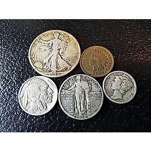 Old U.S. Silver Coins 5 Coin Collection Set - Indian Head Cent, Buffalo Nickel, Mercury Dime, Standing Liberty Quarter, Walking Liberty Half Dollar Various Mint Marks Fine and Better
