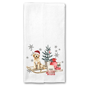 Studio 9Thirty3 Personalized Christmas Dog on a Sled Kitchen Waffle Towel, Breeds D-P, Dog Lover, Housewarming, Hostess, Personalized Gift (White, Doodle Golden)