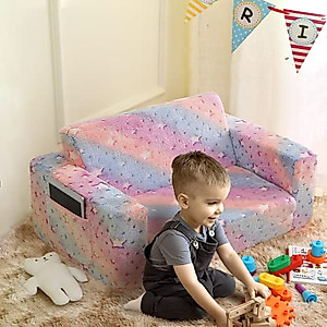 Truwelby Kids Sofa, Glow in The Dark Toddler Chairs Children's Extra Wide Convertible Sofa to Lounger - Extra Soft 2 Seats 2 in 1 Flip Open Chair & Sleeper, Toddler Couch, Kids Sofa Bed