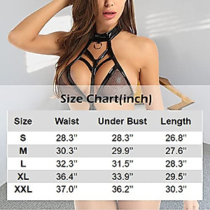 Sxglamr Women's Wet Look Lingerie Set, Backless Leather Bodysuit Metal Tassel Chain Sleepwear Clubwear