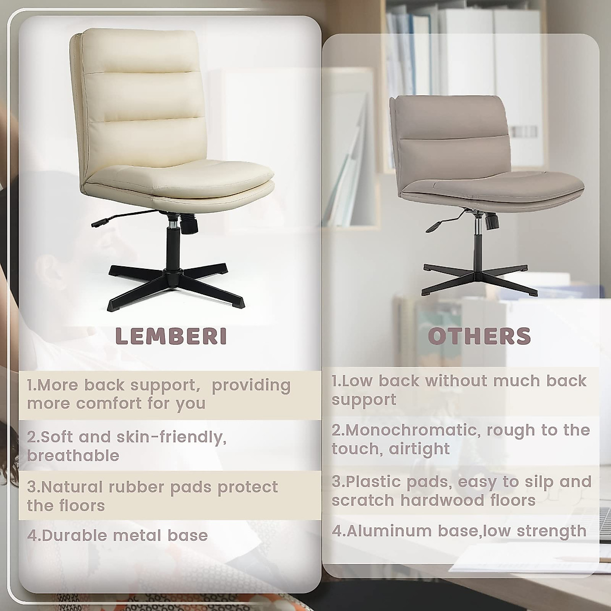 PU-Padded High-Back Armless Office Desk Chair - Modern Swivel Vanity Chair with Rocking Design, Wide Seat & No Wheels for Home Office Tasks by