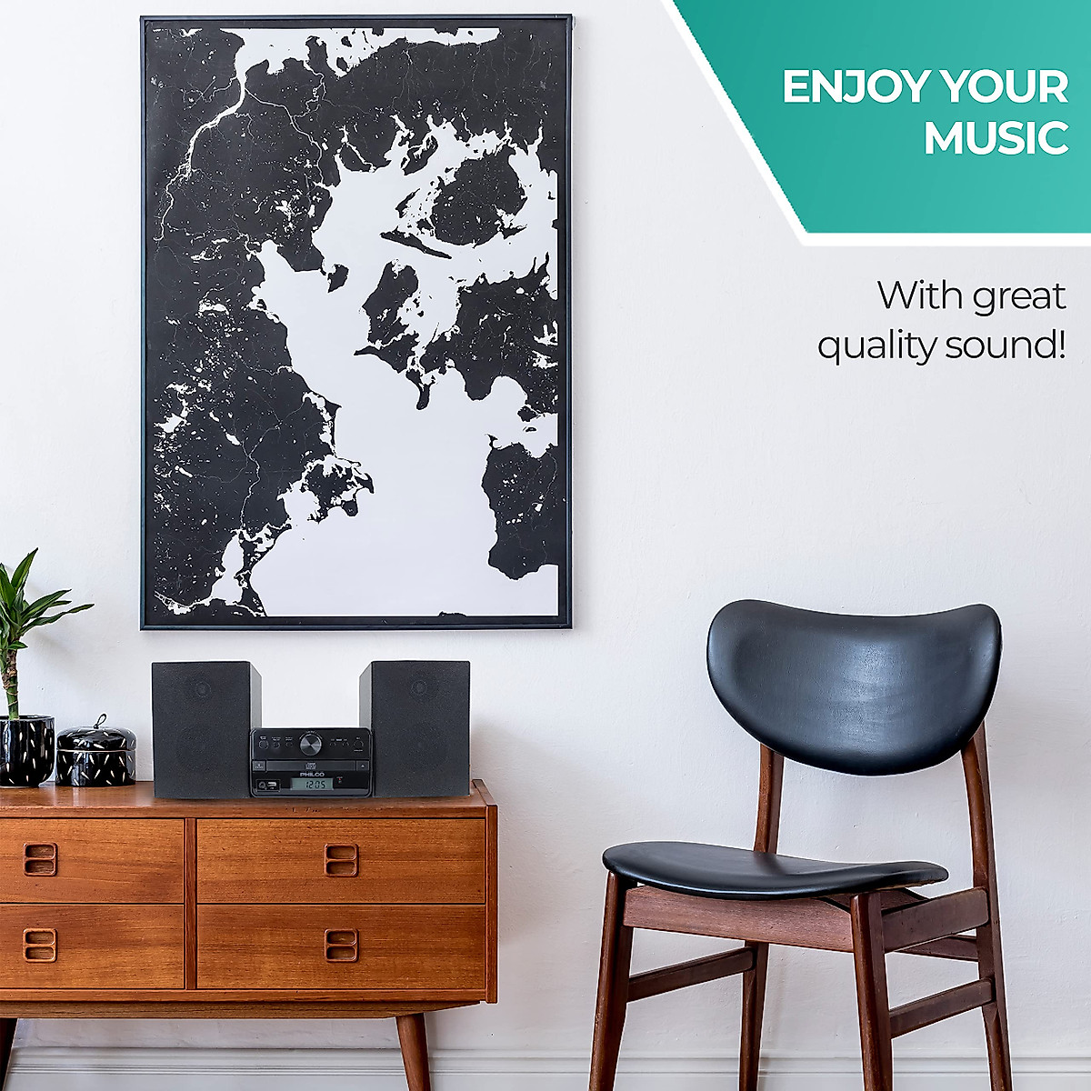 Philco Stereo Shelf Systems Tray Loading CD Player with Digital FM Radio, Bluetooth Streaming, Remote Control in Black | LCD Display | 3.5mm Headphone Jack | MP3 & AUX Port Compatible | USB Input