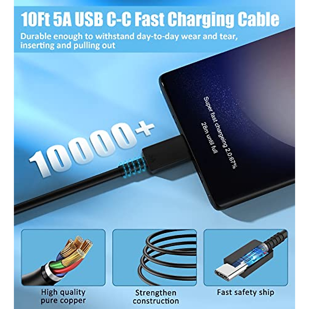 45W Samsung Super Fast Charger Type C, USB C Android Phone Charger Fast Charging for Samsung Galaxy S23 Ultra/S23 Plus/S22 Ultra/S22+/S22/S21 ultra/S20/Note 20,10 FT Cable with PPS Wall Charger Block