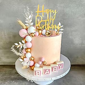 Pink Balls Cake Topper Boho Grass Cake topper Pink White Gold Pearl Balls Happy Birthday Cake Decorations for Wedding Baby Shower Birthday Boho Themed Party Supplies (Pink)
