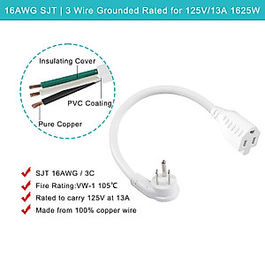 [2 PACK] Flat Plug Short Power Extension Cord - 8inch Low Profile Flat Plug 3 Prong Grounded Indoor Extension Cord, Rated for 13AMP,16AWG Heavy Duty White Electrical Extension Cord with Flat Head