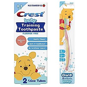 Crest & Oral-B Baby Toothbrush and Toothpaste Training Kit for Infant and Toddler Age 0-3, Fluoride-Free, (2) Gel Toothpastes 1.6 oz ea. + (4) Toothbrushes, Disney's Winnie the Pooh