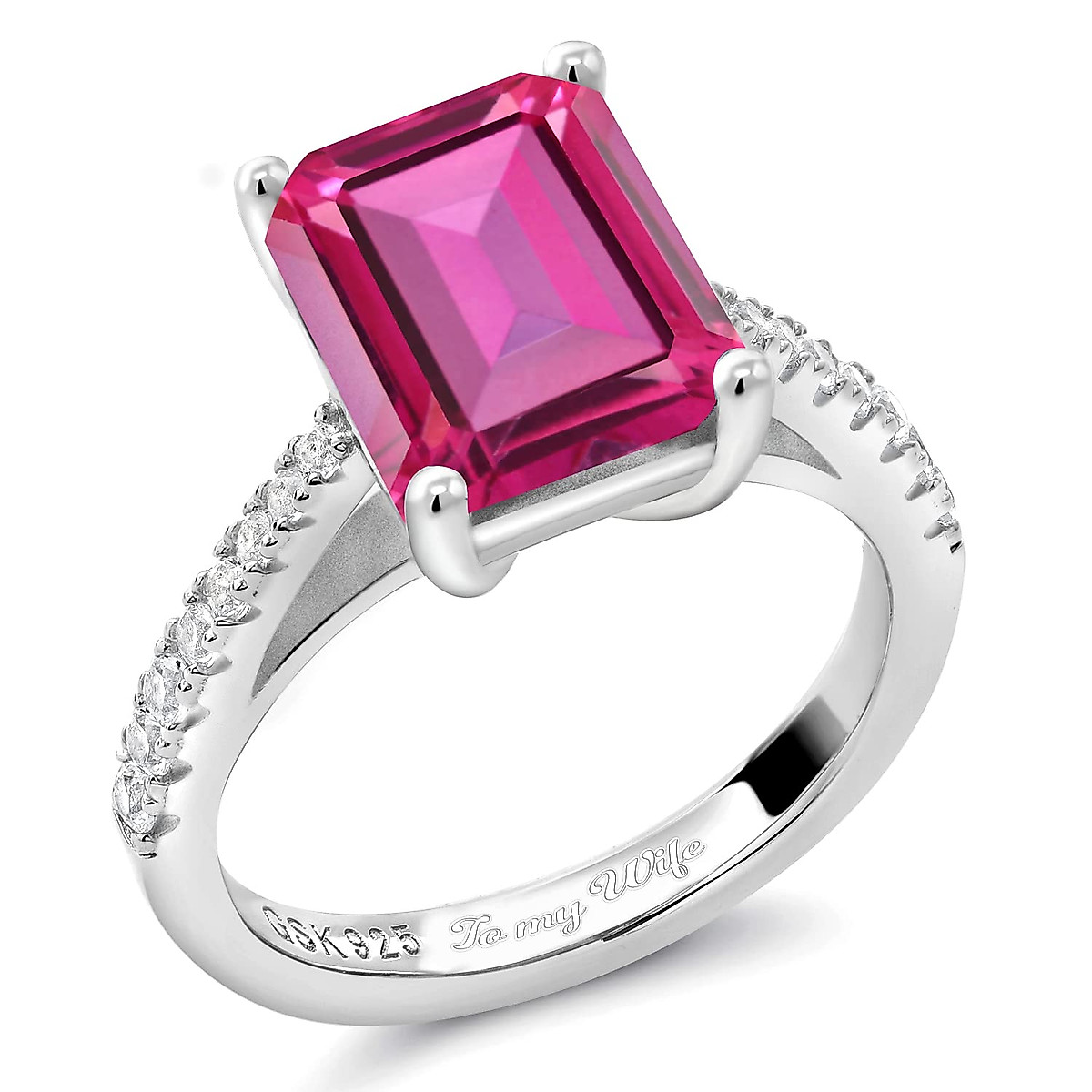 Gem Stone King 925 Sterling Silver Customized and Personalized 10X8MM Emerald Cut Gemstone Birthstone and White Created Sapphire Name Engraved Engagement Ring For Women (Size 6)