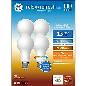 GE Lighting (4 Bulbs) GE Relax/Refresh LED A19 Color Select Light Bulb, Choose Either Soft White Relax or Cool White Refresh, Toggle Switch on Bulb, HD Light, 450 lumens, dimmable, Medium Base