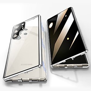 Jonwelsy Anti Peeping Case for Samsung Galaxy S23 Ultra, 360 Degree Front and Back Privacy Tempered Glass Cover, Anti SPY Screen, Anti Peep Magnetic Adsorption Metal Bumper for S23 Ultra (Silver)