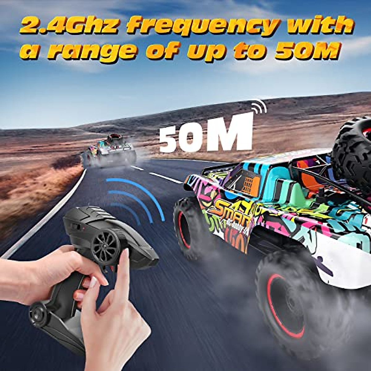 O WOWZON 1:12 Scale Short-Course RC Truck Large 4WD Hobby Crawler Grade Replaceable Spare Tire All Terrains Monster Crawler 2 Rechargeable Batteries for Age 6+ Boys Kids and Adults