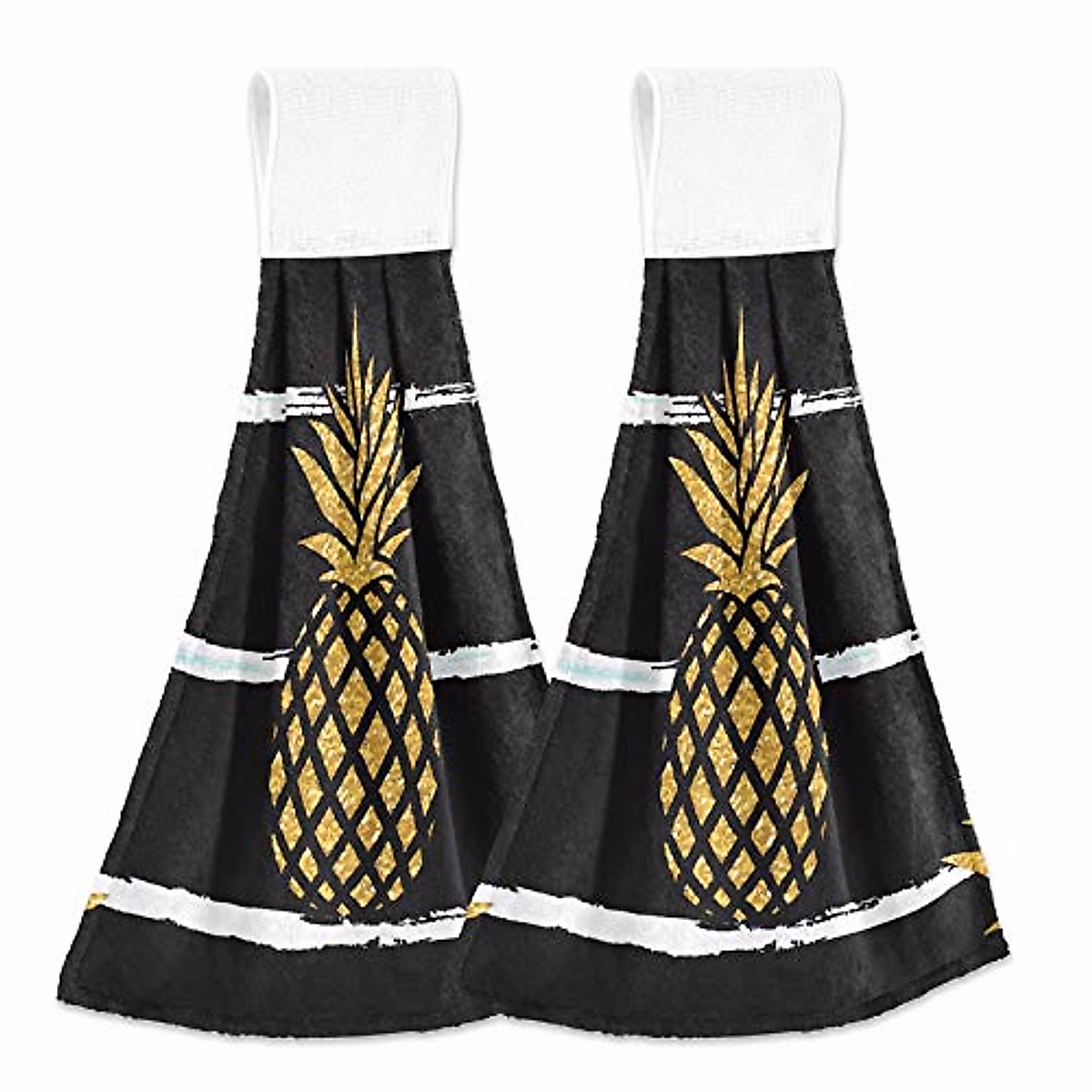 Yellow Gold Golden Glitter Pineapple On White Black Stripes 2 Pcs Hanging Kitchen Hand Towels, Hanging Tie Towels with Hook & Loop Dishcloths Sets, Decorative Absorbent Tea Bar Bath Hand Towel