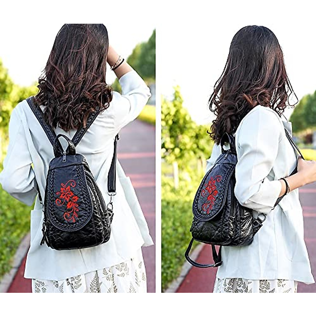 NIGEDU Vintage Embroidered Women Backpacks Soft PU Leather Backpack Purse Small Female Travel Bag High Capacity Black Chest Packs (Red Flower)