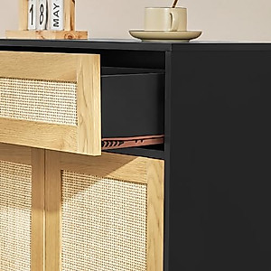 Quimoo Tall Storage Cabinet, Rattan Cabinet with Adjustable Shelf & Large Drawer, Boho Storage Cabinet, Accent Cabinet for Entryway, Living Room, Black