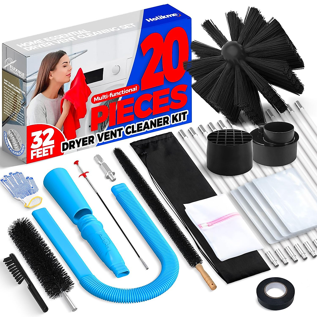 Holikme Dryer Vent Cleaner Kit 32 Feet Dryer Cleaning Tools, Include Dryer Vent Brush, Omnidirectional Blue Dryer Lint Vacuum Attachment, Dryer Lint Trap Brush, Vacuum & Dryer Adapters