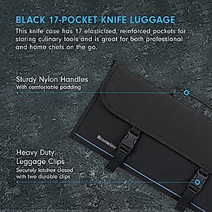 Messermeister 17-Pocket Knife Case with Large Outer Pocket, Black - 17 Elasticized, Reinforced Pockets for Culinary Tools - Holds Up to 18” Knives - Functional, Stylish & Durable