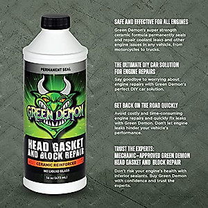 GREEN DEMON Head Gasket and Block Repair | Ceramic Reinforced Head Gasket Sealer | Advanced Coolant Leak DIY Permanent Repair | Engine/Cylinder Sealant | for Cars, SUVs, Trucks | 16oz