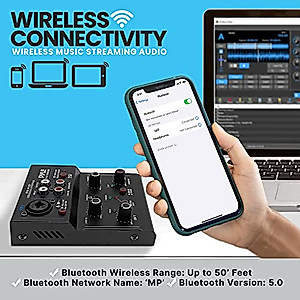 Pyle Professional Wireless DJ Audio Mixer - 2-Channel Bluetooth DJ Controller Sound Mixer w/USB Audio Interface, RCA In, Combo Jack XLR+6.35mm Microphone/Line/Guitar In, Headphone Jack - PAD12MXUBT