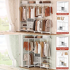 Aheaplus Wood Clothes Rack Wardrobe Closet for Hanging Clothes Heavy Duty Garment Rack, Large Corner L Shaped Closet System Organizers Walk-in Closet for Bedroom with 11 Shelves, 3 Wood Drawers, White