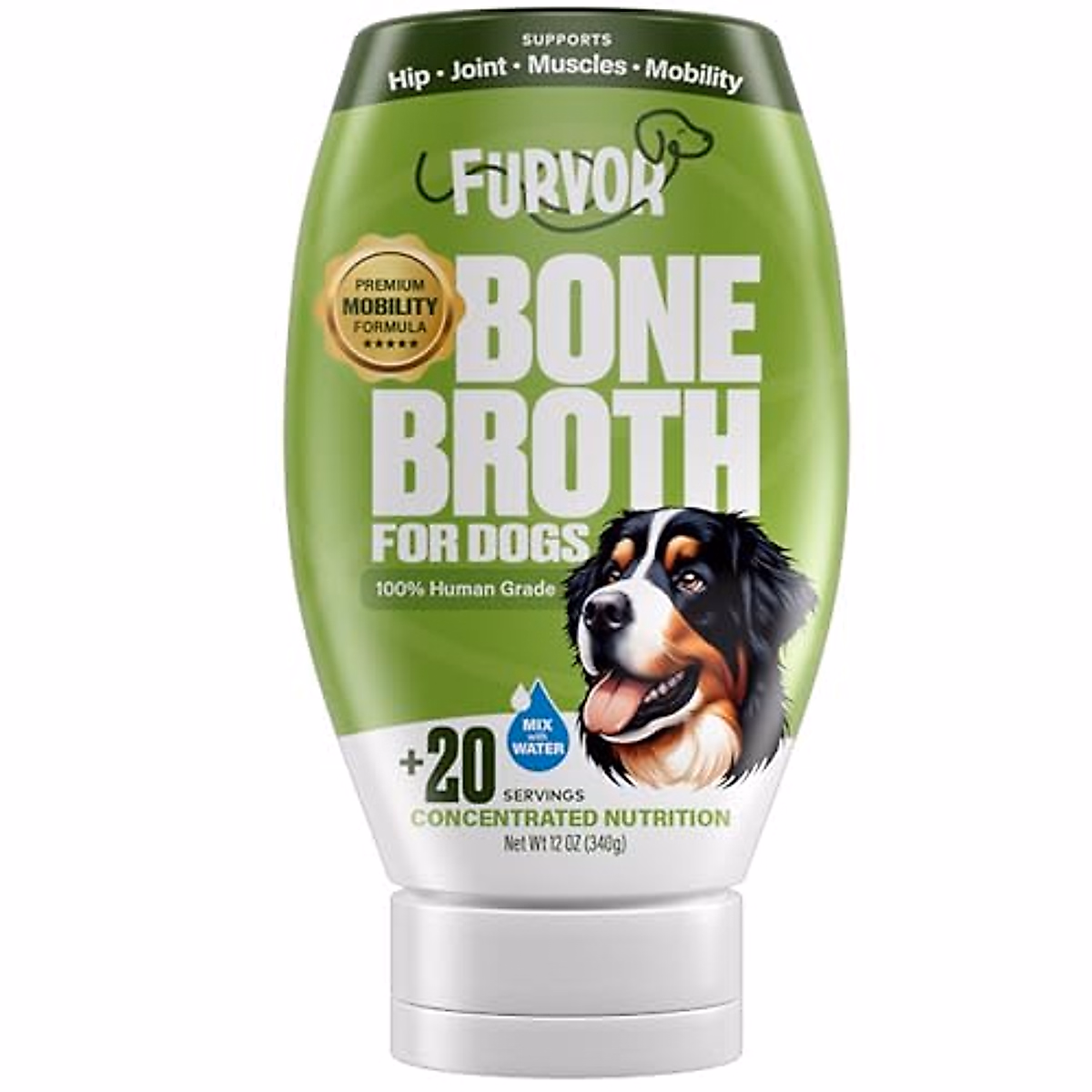 Furvor Mobility Support Beef Bone Broth for Dogs | Hip & Joint Support for Dogs | Glucosamine & Amino Acid Boosted | Human Grade Ingredients | Just add Water | Made in USA, 12 oz
