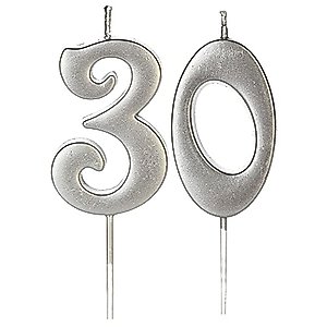 Silver 30th Birthday Candles for Cake, Number 30 1 3 Glitter Candle Party Anniversary Cakes Decoration for Kids Women or Men