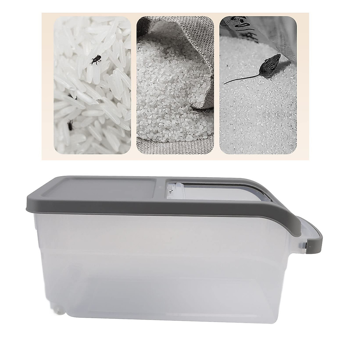 Rice Storage Container, Rice Container, 10kg/22 pounds 15.2 x 7.2 x 8.3in Transparent Rice Bin Cereal Dispenser Airtight Grain Holder with Measuring Cup and Wheels for Organization (Grey)