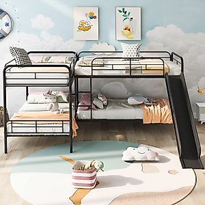 Rhomtree Twin Size L-Shaped Metal Corner Bunk Bed with Ladder and Slide, Space Saving & Easy Assembly, 4 Beds in 1 (Black)